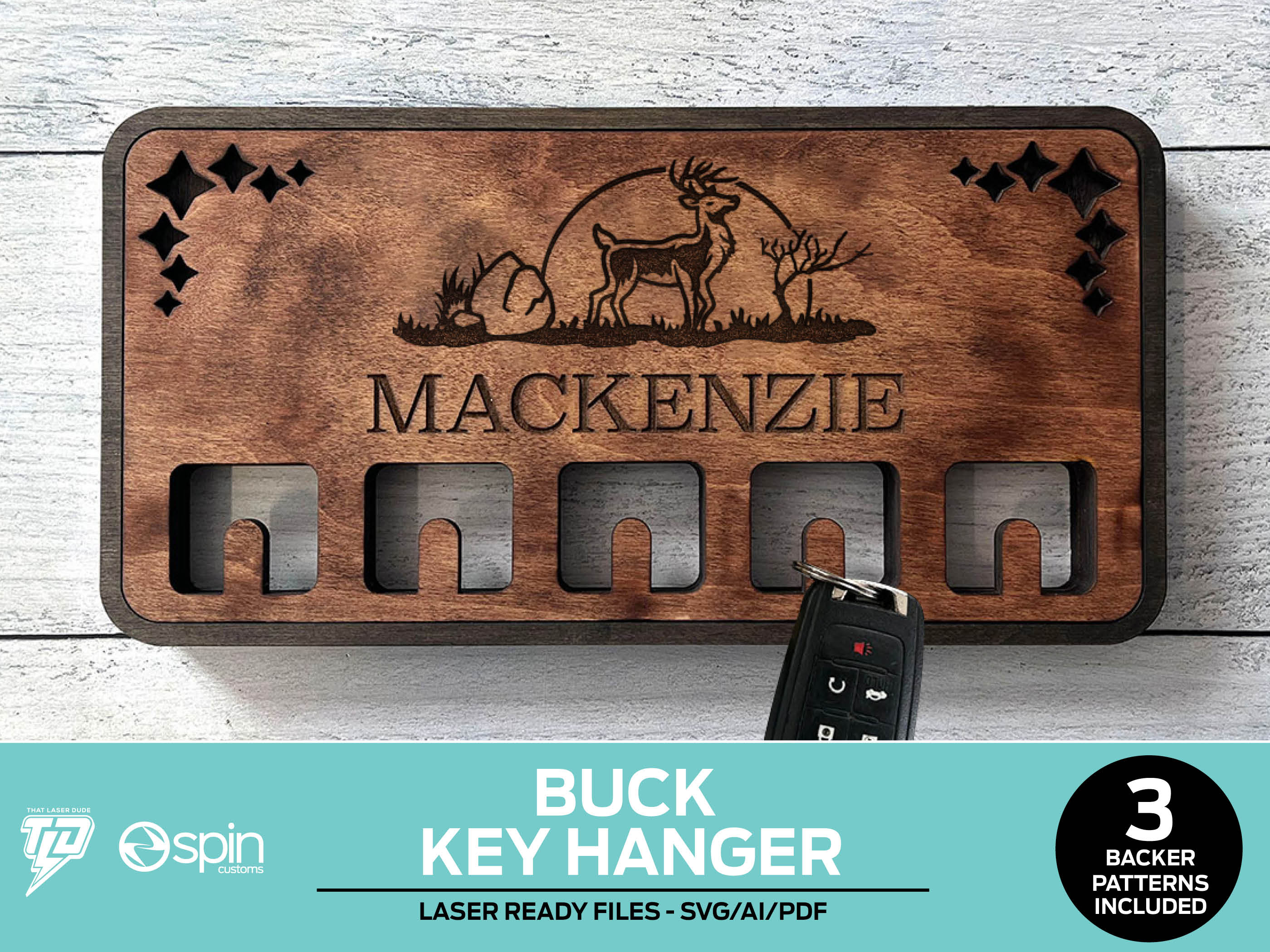 Buck Engraved Key Hanger - 3 Backer Options - Laser Ready file - No Ho ...