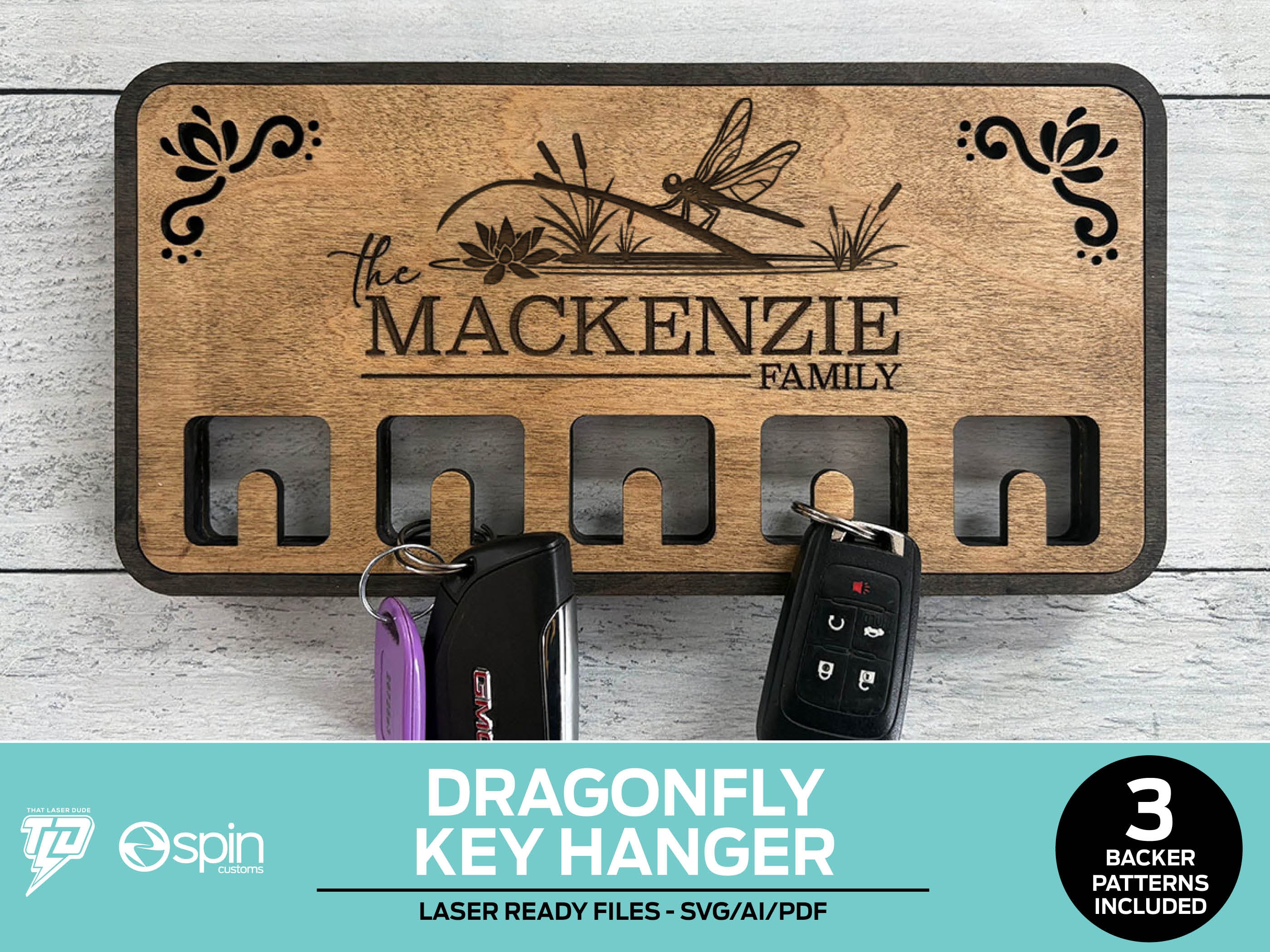 Dragonfly Engraved Key Hanger - 3 Backer Options - Laser Ready file ...