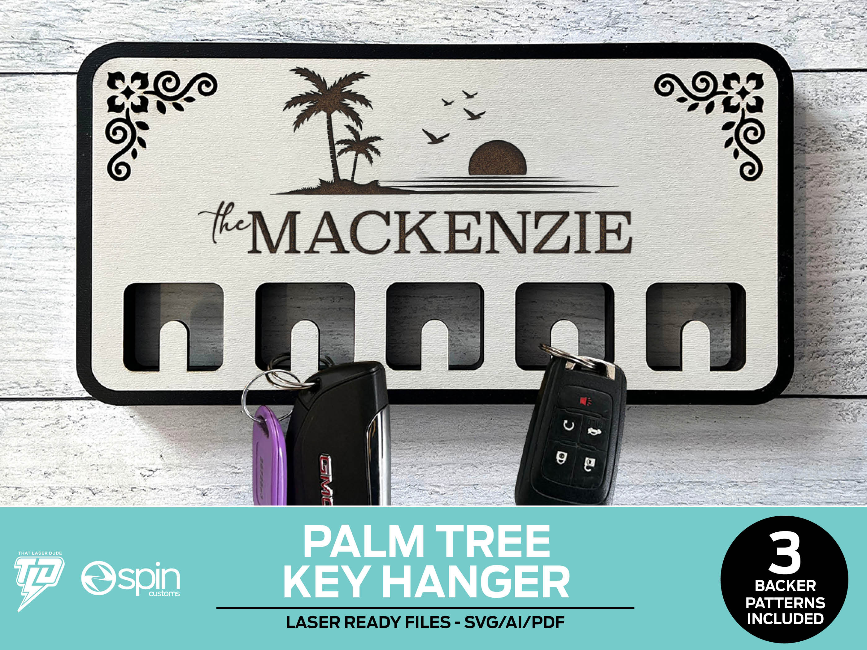 Pam Tree Engraved Key Hanger - 3 Backer Options - Laser Ready file - N ...