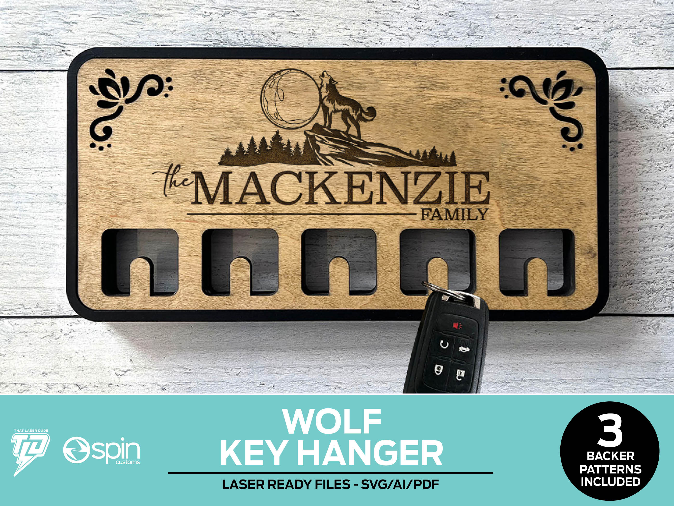 Wolf Tree Engraved Key Hanger - 3 Backer Options - Laser Ready file ...